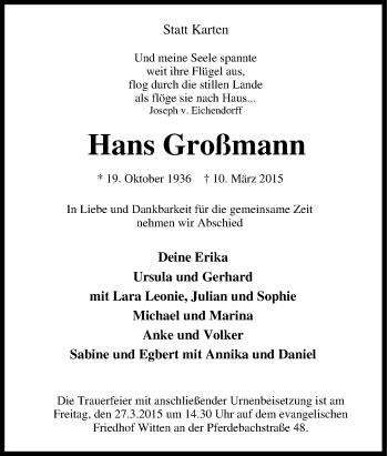 Traueranzeigen von Hans Großmann | Trauer-in-NRW.de
