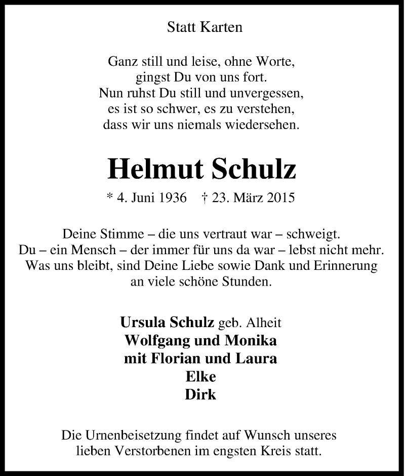 Traueranzeigen von Helmut Schulz | Trauer-in-NRW.de