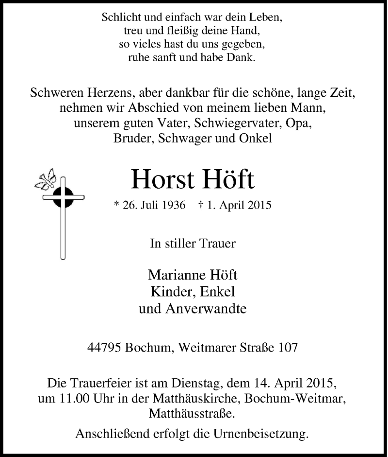Traueranzeigen von Horst Höft | Trauer-in-NRW.de