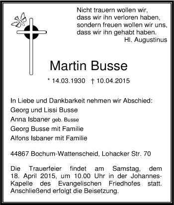 Traueranzeigen von Martin Busse | Trauer-in-NRW.de
