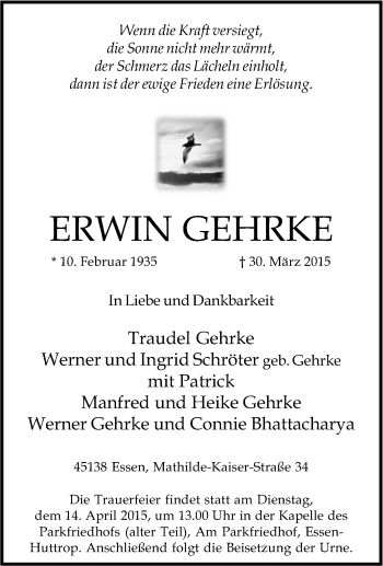 Traueranzeigen von Erwin Gehrke | Trauer-in-NRW.de