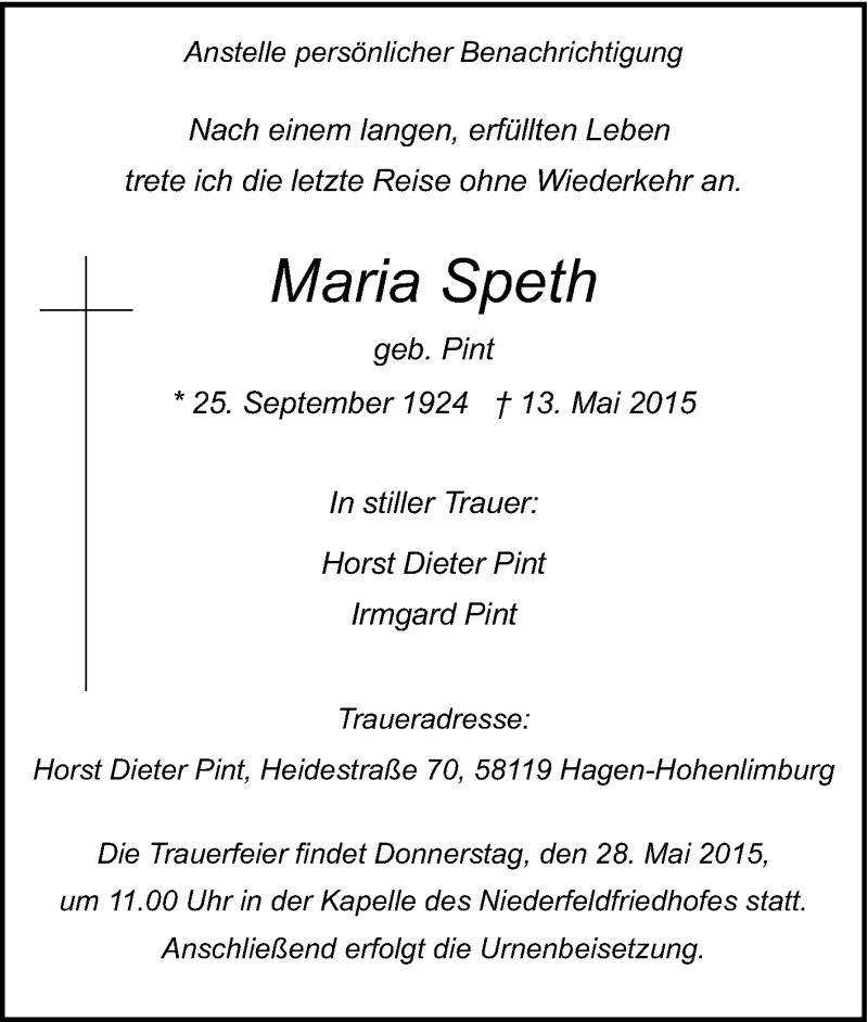Traueranzeigen von Maria Speth | Trauer-in-NRW.de