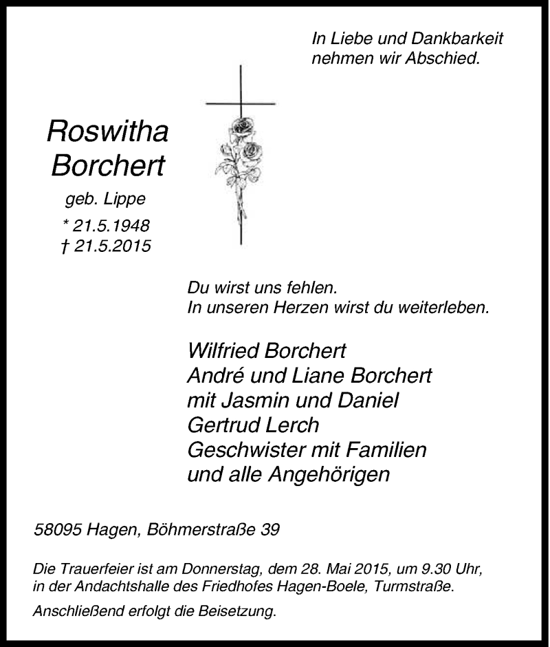 Traueranzeigen von Roswitha Borchert | Trauer-in-NRW.de
