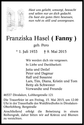 Traueranzeigen von Franziska Hasel | Trauer-in-NRW.de