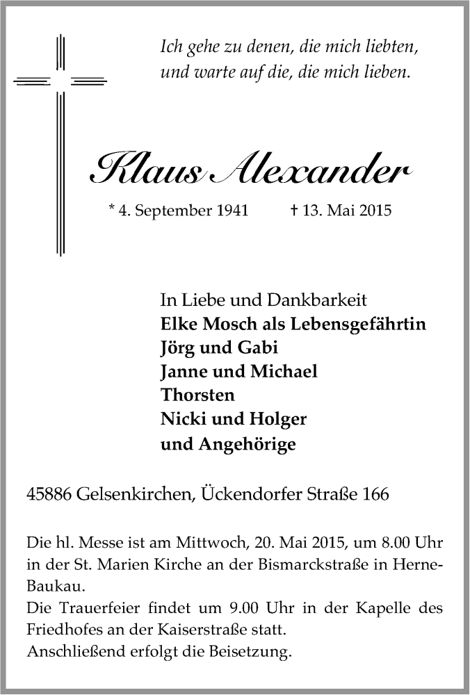 Traueranzeigen von Klaus Alexander | Trauer-in-NRW.de
