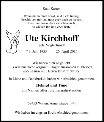 Traueranzeigen von Ute Kirchhoff | Trauer-in-NRW.de