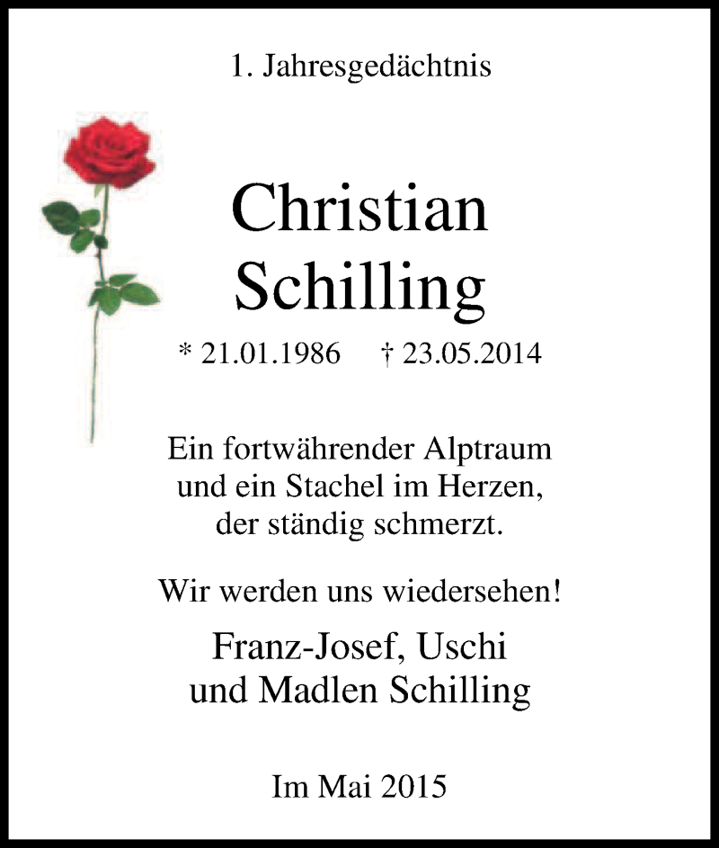 Traueranzeigen von Christian Schilling | Trauer-in-NRW.de