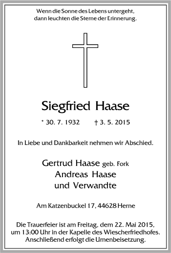 Traueranzeigen von Siegfried Haase | Trauer-in-NRW.de