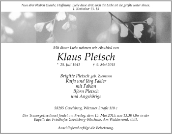 Traueranzeigen von Klaus Pletsch | Trauer-in-NRW.de