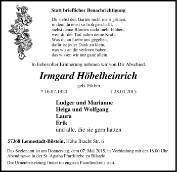 Traueranzeigen von Irmgard Höbelheinrich | Trauer-in-NRW.de