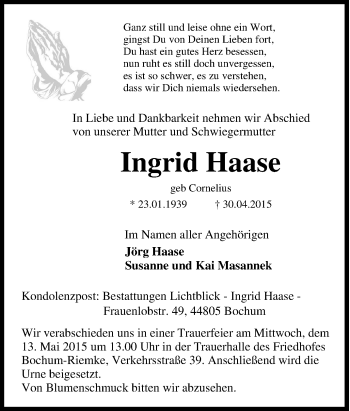 Traueranzeigen von Ingrid Haase | Trauer-in-NRW.de