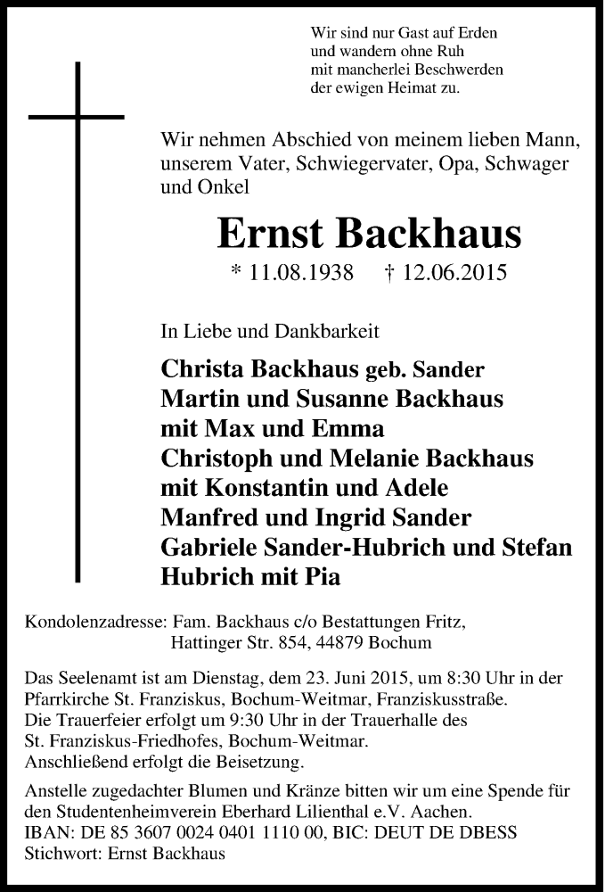 Traueranzeigen von Ernst Backhaus | Trauer-in-NRW.de