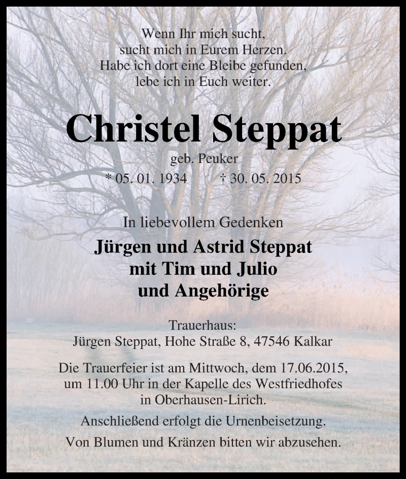 Traueranzeigen von Christel Steppat | Trauer-in-NRW.de