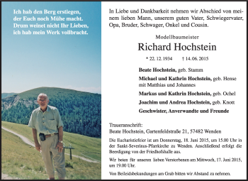 Traueranzeigen von Richard Hochstein | Trauer-in-NRW.de
