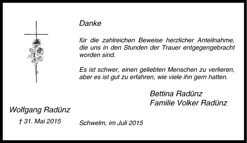 Traueranzeigen von Wolfgang Radünz | Trauer-in-NRW.de