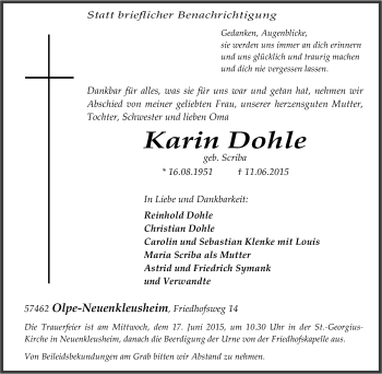 Traueranzeigen von Karin Dohle | Trauer-in-NRW.de