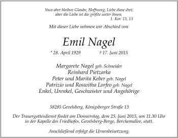 Traueranzeigen von Emil Nagel | Trauer-in-NRW.de