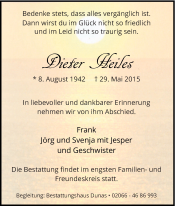 Traueranzeigen von Dieter Heiles | Trauer-in-NRW.de