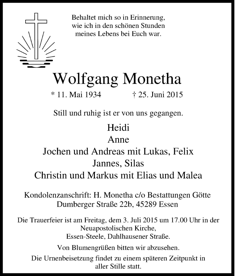 Traueranzeigen von Wolfgang Monetha | Trauer-in-NRW.de