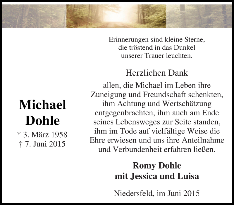 Traueranzeigen von Michael Dohle | Trauer-in-NRW.de