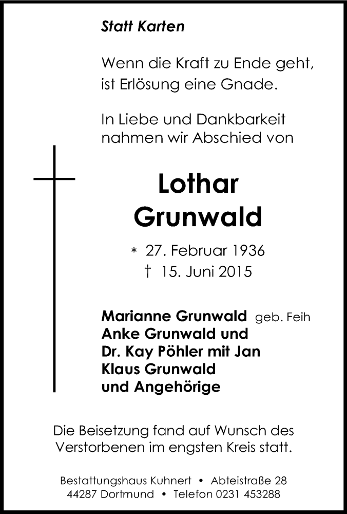 Traueranzeigen von Lothar Grunwald | Trauer-in-NRW.de