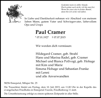 Traueranzeigen von Paul Cramer | Trauer-in-NRW.de