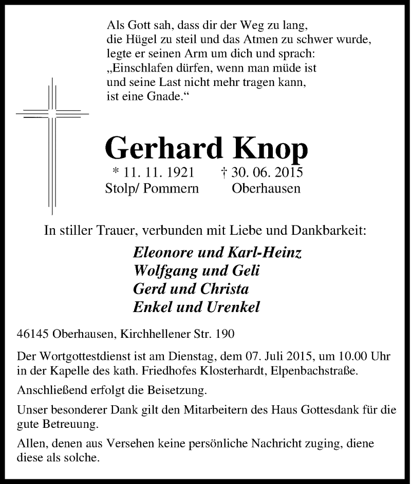 Traueranzeigen von Gerhard Knop | Trauer-in-NRW.de