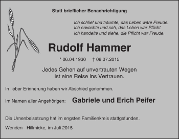 Traueranzeigen von Rudolf Hammer | Trauer-in-NRW.de