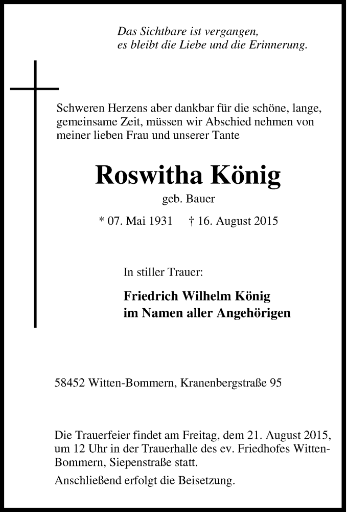 Traueranzeigen von Roswitha König | Trauer-in-NRW.de