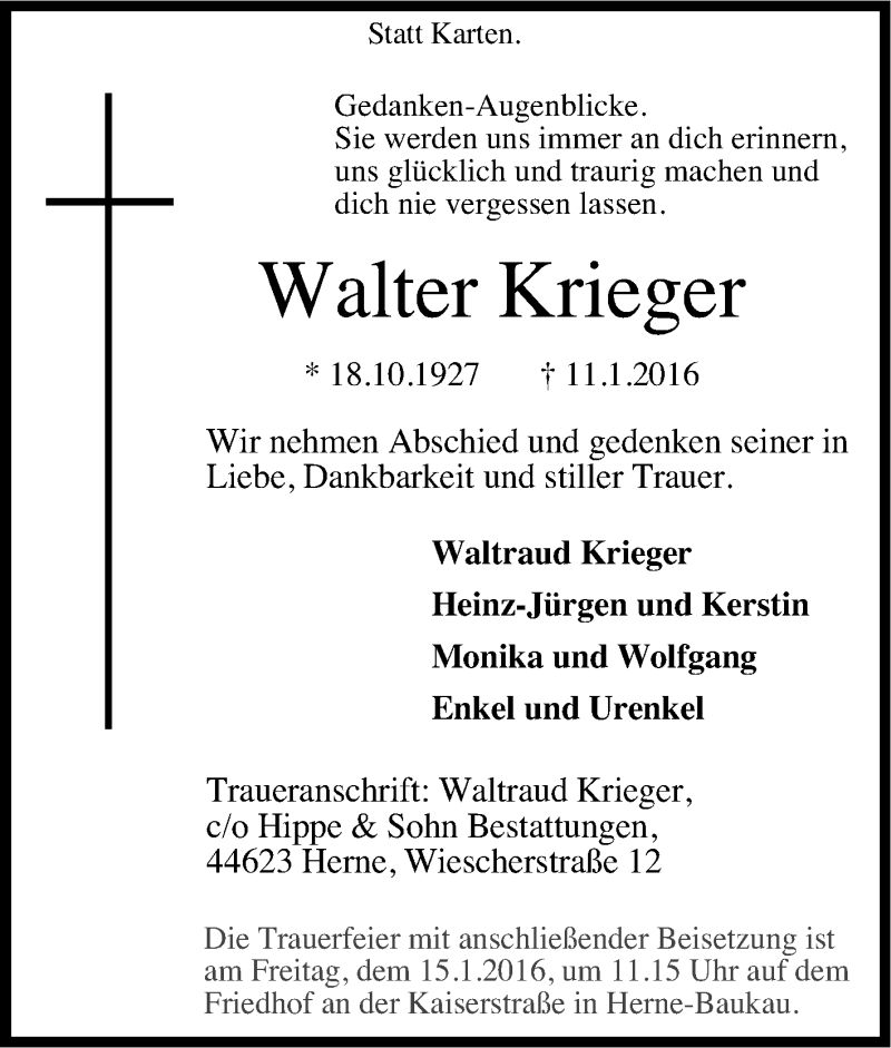 Traueranzeigen von Walter Krieger | Trauer-in-NRW.de Traueranzeigen von Walter Krieger | Trauer-in-NRW.de