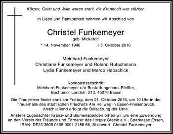 Traueranzeigen von Christel Funkemeyer | Trauer-in-NRW.de