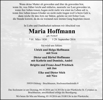 Traueranzeigen von Maria Hoffmann | Trauer-in-NRW.de