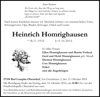 Traueranzeigen von Heinrich Homrighausen | Trauer-in-NRW.de