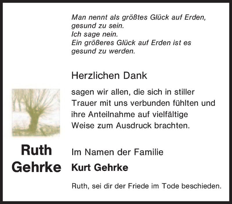 Traueranzeigen von Ruth Gehrke | Trauer-in-NRW.de