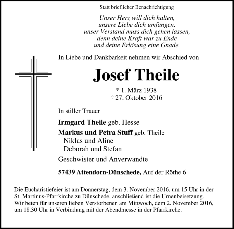 Traueranzeigen von Josef Theile | Trauer-in-NRW.de