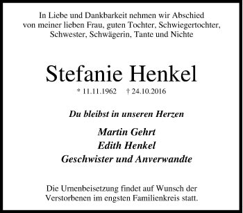 Traueranzeigen von Stefanie Henkel | Trauer-in-NRW.de