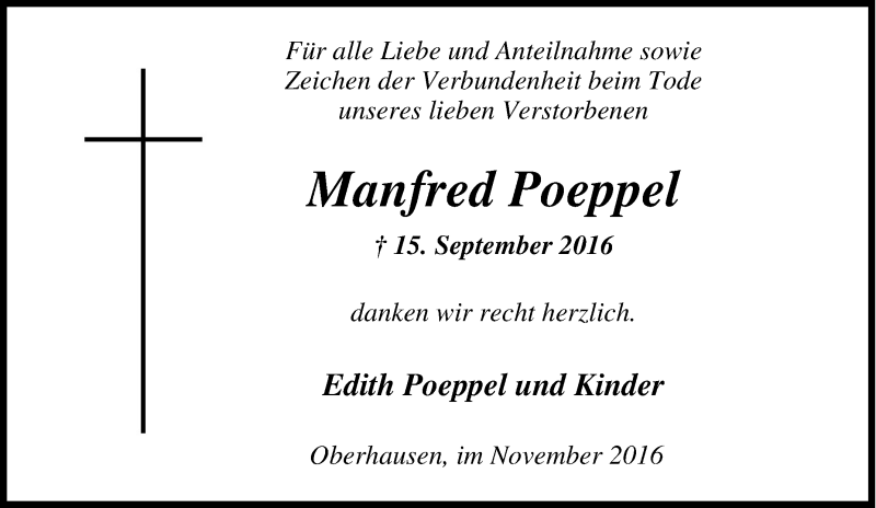 Traueranzeigen von Manfred Poeppel | Trauer-in-NRW.de