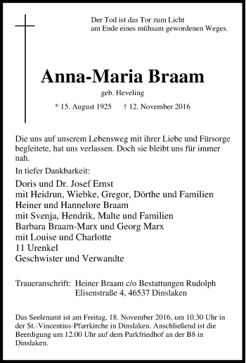 Traueranzeigen von Anna-Maria Braam | Trauer-in-NRW.de