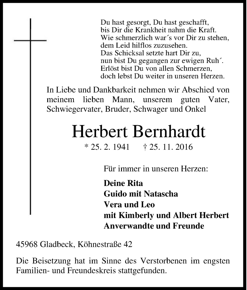 Traueranzeigen von Herbert Bernhardt | Trauer-in-NRW.de