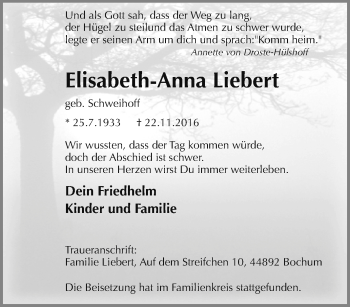Traueranzeigen von Elisabeth-Anna Liebert | Trauer-in-NRW.de