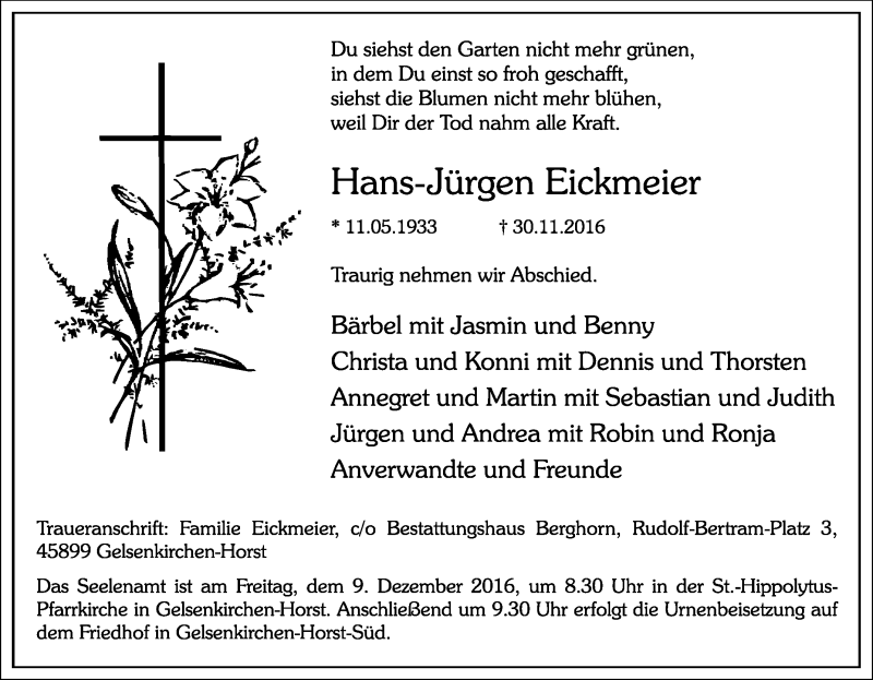 Traueranzeigen von Hans-Jürgen Eickmeier | Trauer-in-NRW.de