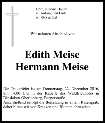 Traueranzeigen von Edith/Hermann Meise | Trauer-in-NRW.de