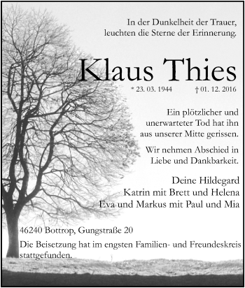 Traueranzeigen von Klaus Thies | Trauer-in-NRW.de