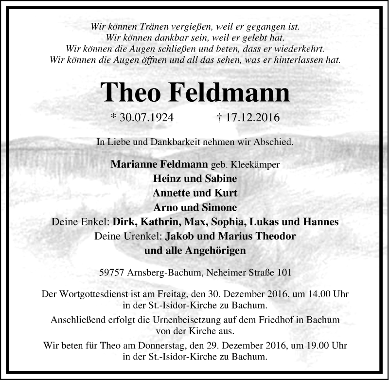 Traueranzeigen von Theo Feldmann | Trauer-in-NRW.de