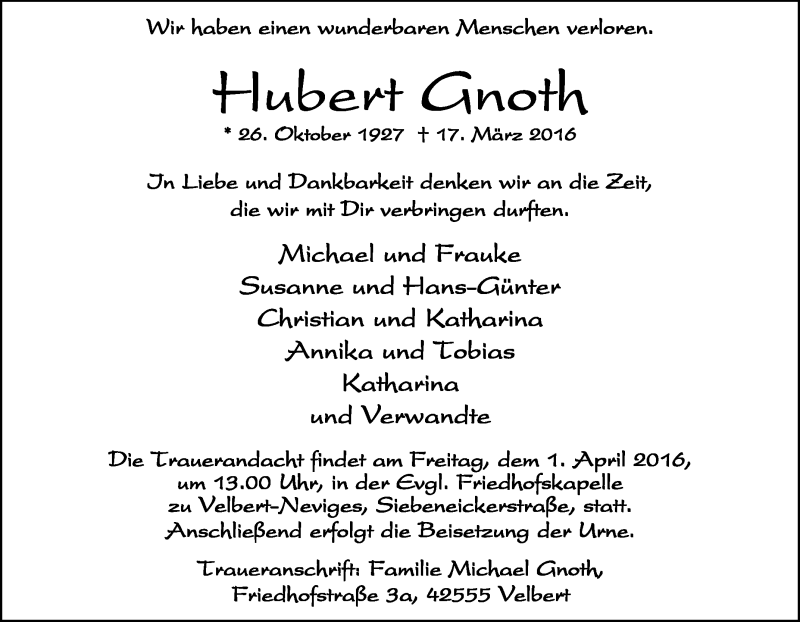 Traueranzeigen von Hubert Gnoth | Trauer-in-NRW.de Traueranzeigen von Hubert Gnoth | Trauer-in-NRW.de