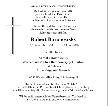 Traueranzeigen von Robert Baronowsky | Trauer-in-NRW.de