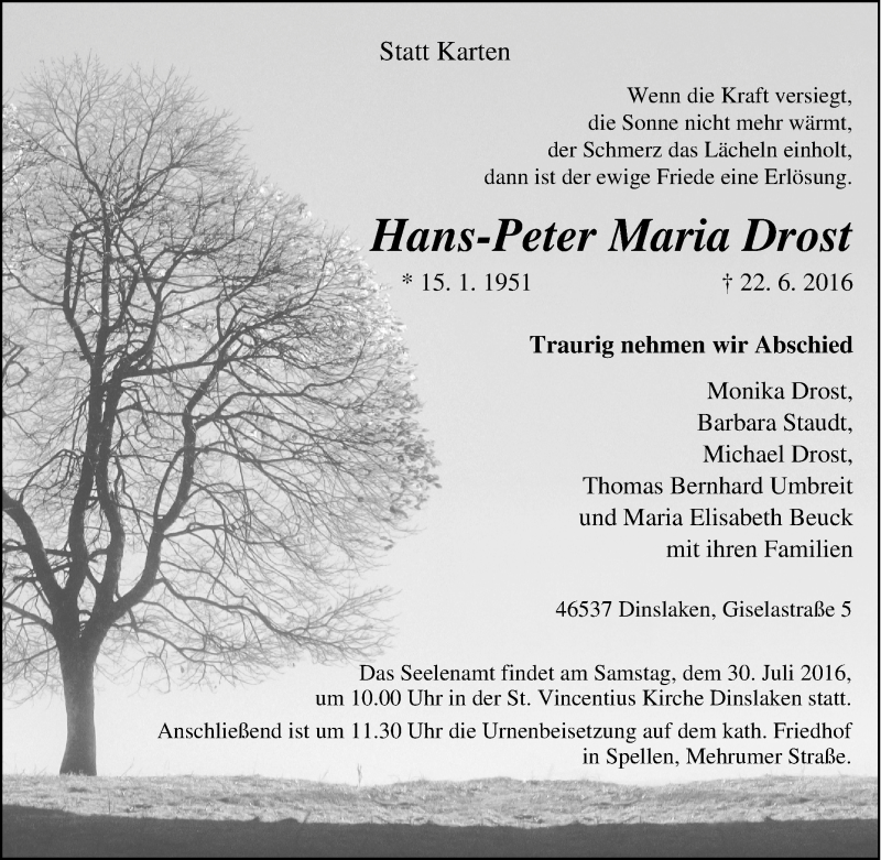 Traueranzeigen von Hans-Peter Maria Drost | Trauer-in-NRW.de