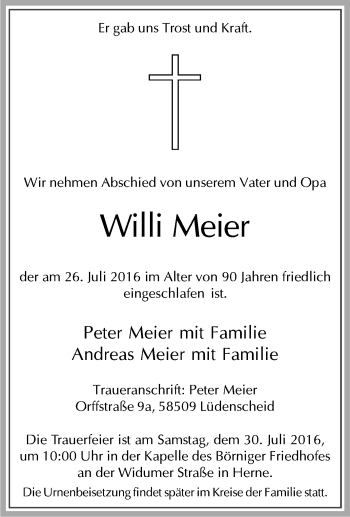 Traueranzeigen von Willi Meier | Trauer-in-NRW.de