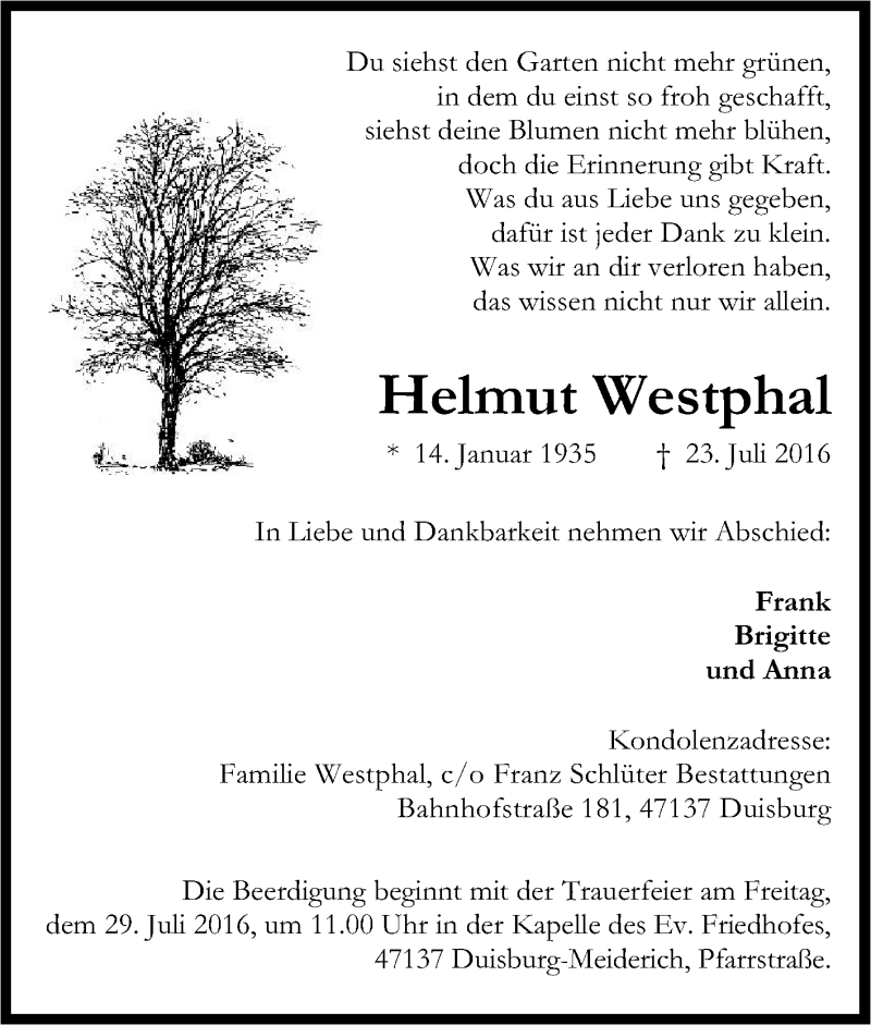 Traueranzeigen von Helmut Westphal | Trauer-in-NRW.de