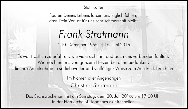 Traueranzeigen von Frank Stratmann | Trauer-in-NRW.de